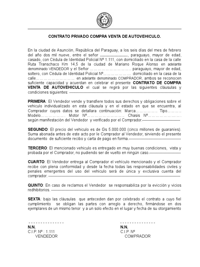 2-Contrato Privado Compra Venta de Autovehiculo | PDF | Paraguay
