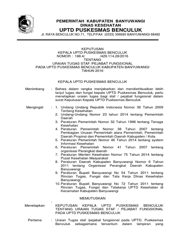 SK Uraian Tugas Staf PKM BCLK 2016 | PDF