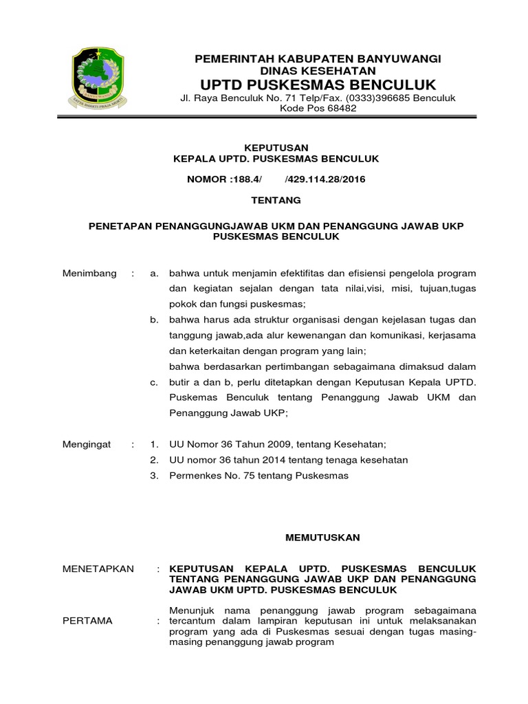 SK Tentang Penanggung Jawab Upaya PKM Benculuk | PDF