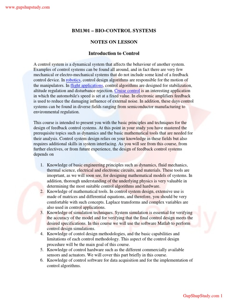 Bio Control System | PDF | Laplace Transform | Stability Theory