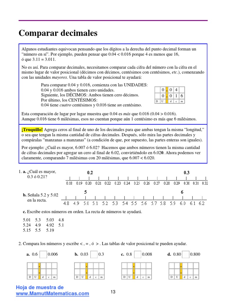 Decimales 2 Comparar Decimales | PDF | Decimal | Números