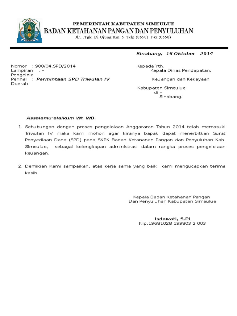Permintaan SPD Triwulan Kabupaten Simeulue | PDF