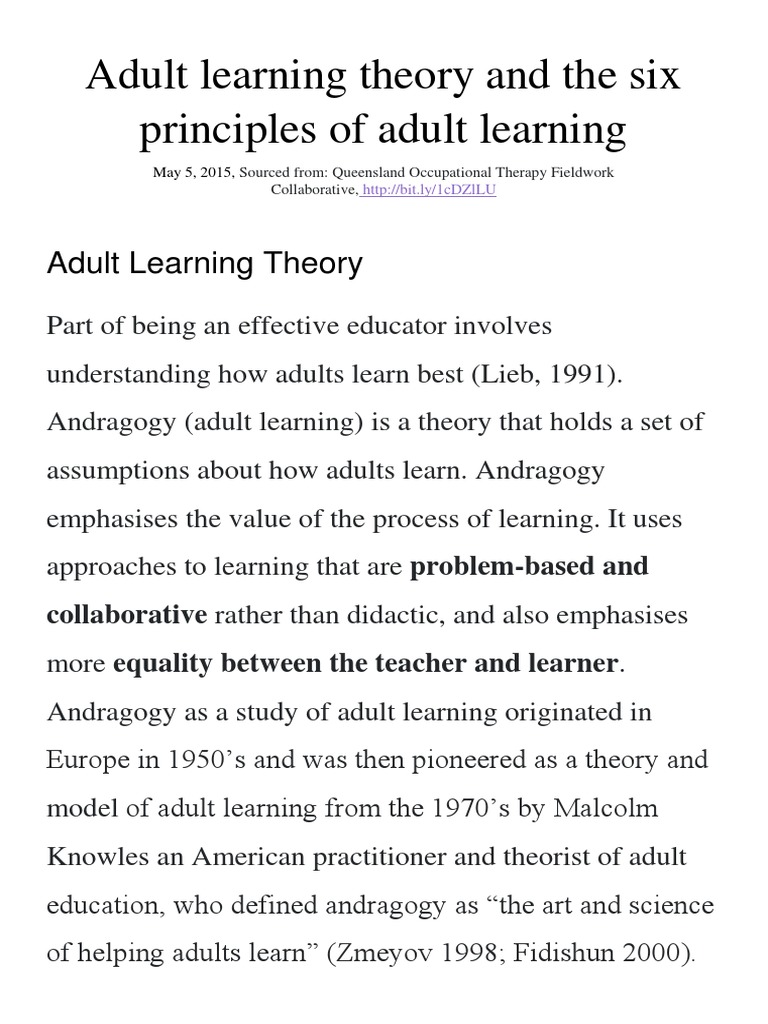 Adult Learning Theory and Principles University of Queensland ...