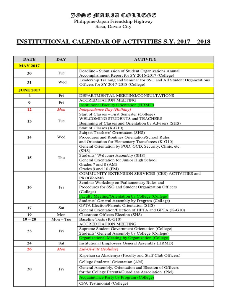Calendar of Activities 2017-2018 - Institutional Calendar | PDF | Sat ...