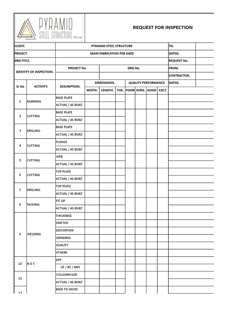 Request for Inspection of Fabricated Steel Structural Components for Main Fabrication PEB Shed ...