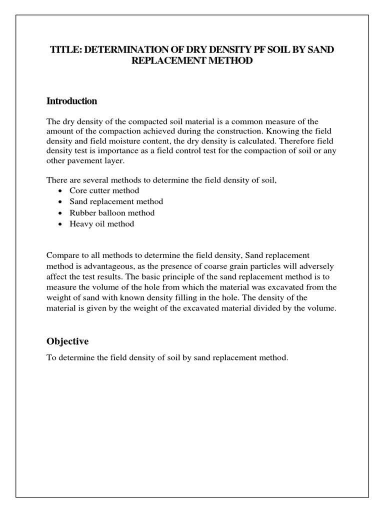 Dry Density of Soil by Sand Replacement Method | PDF | Density | Soil
