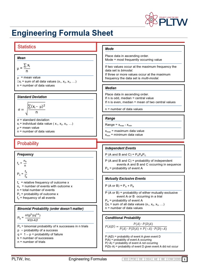 Engineering Formula Sheet: Statistics | PDF