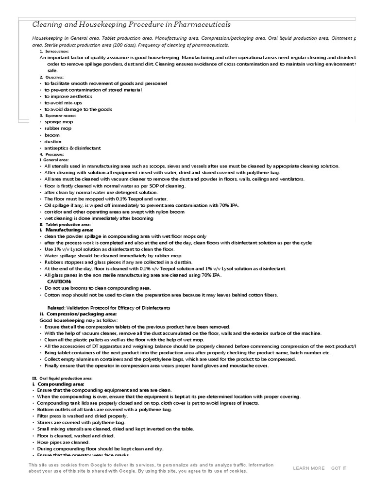Cleaning and Housekeeping Procedure in Pharmaceuticals | PDF ...