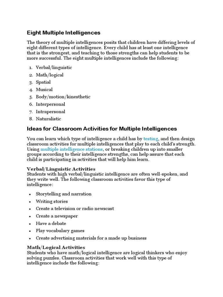 Eight Multiple Intelligences | PDF | Intelligence | Neuropsychological ...