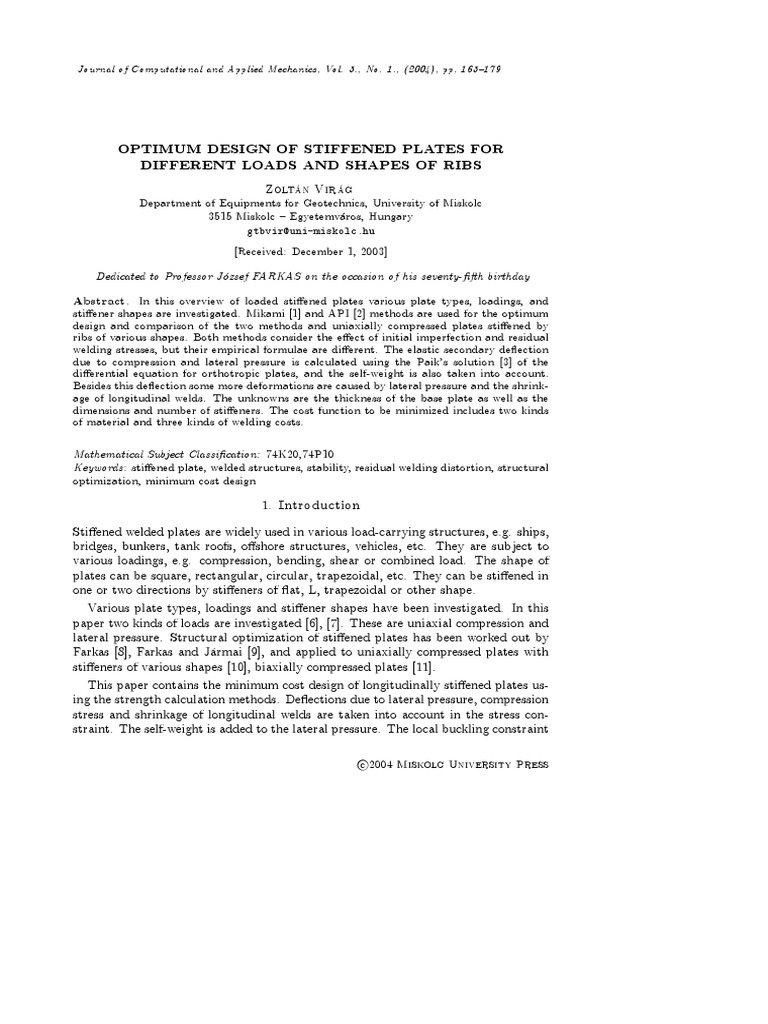 Optimum Design of Stiffened Plates For Different Loads and Shapes of ...