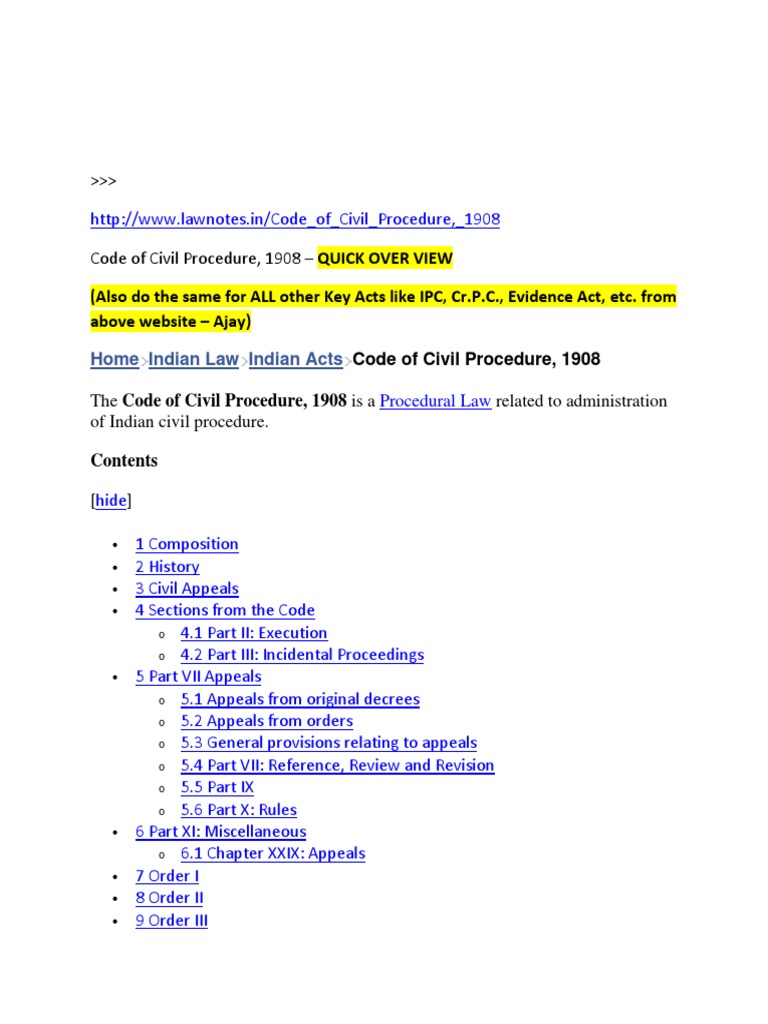 The Code of Civil Procedure, 1908 - Quick Over View - Law Notes .in ...