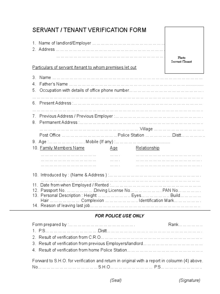 Servant / Tenant Verification Form: For Police Use Only | PDF | Real ...