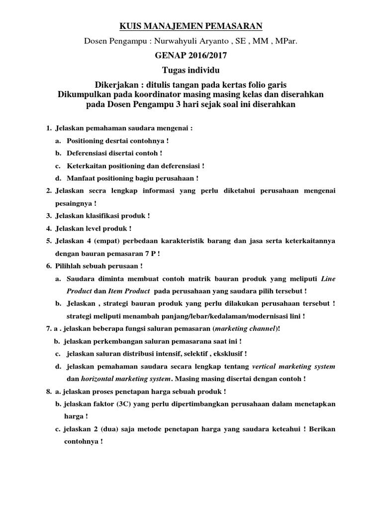 Kuis Manajemen Pemasaran-Tugas | PDF | Karier & Perkembangan | Bisnis