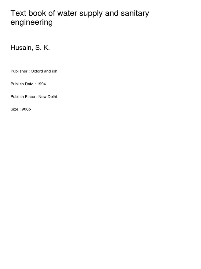 Text Book of Water Supply and Sanitary Engineering: Husain, S. K | PDF