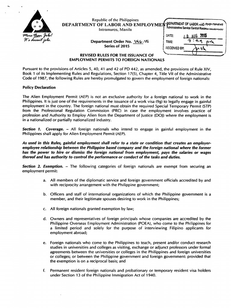 DOLE Department Order 146-15 Series of 2015 [Employment Permits for ...