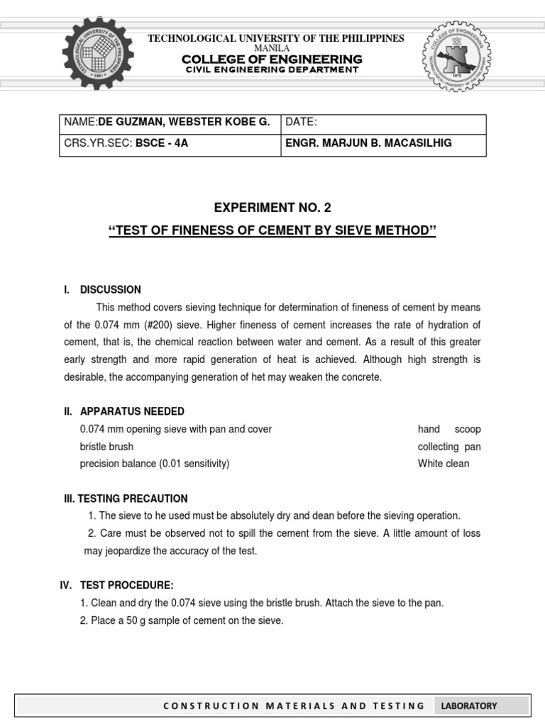Experiment No. 2 "Test of Fineness of Cement by Sieve Method" | PDF ...