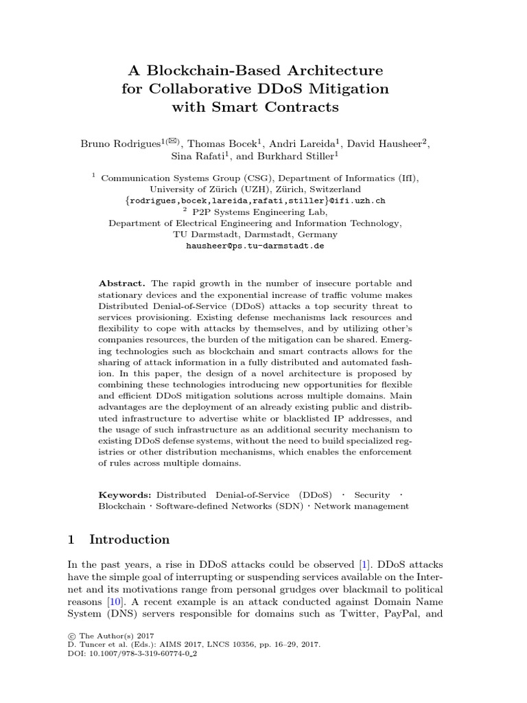 A Blockchain-Based Architecture For Collaborative DDoS Mitigation With Smart Contracts | PDF ...