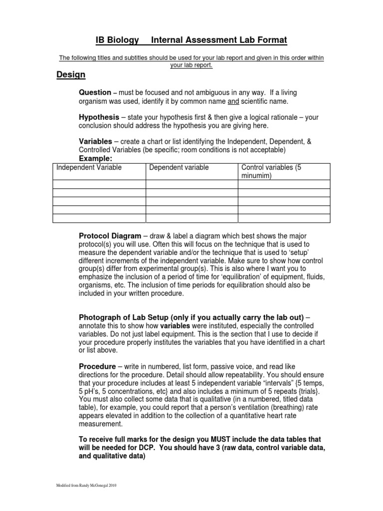 IB Biology Internal Assessment Lab Format | PDF