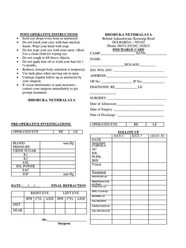 Discharge Card | PDF | Eye | Surgery