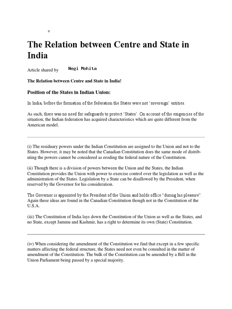 Centre-State Relations in the Indian Constitution | PDF | Taxes ...
