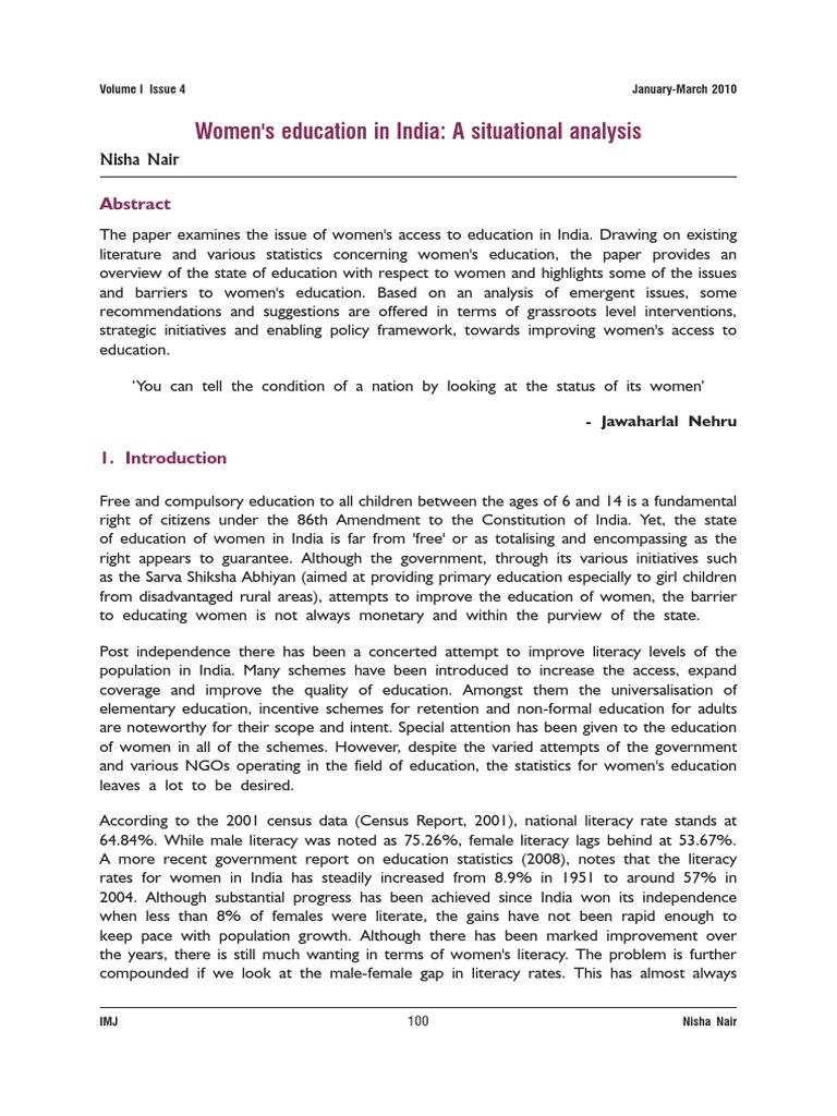 Womens Education in India A Situational Analysis | PDF | Female ...