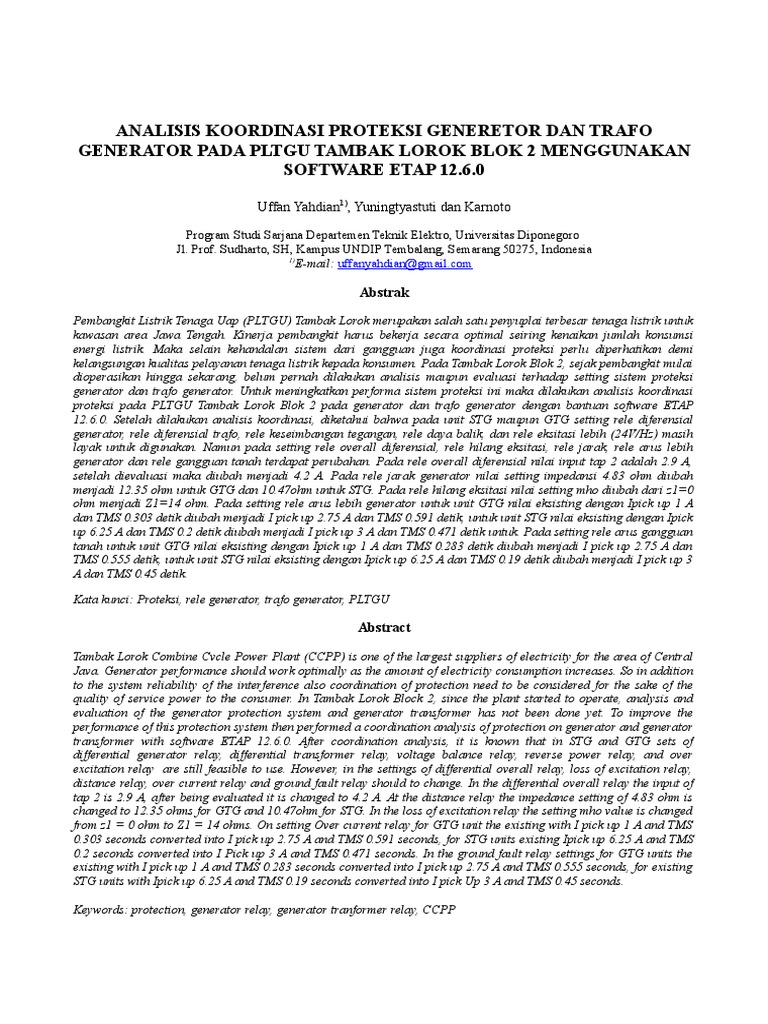Analisis Koordinasi Proteksi Generator PLTGU Tambak Lorok Semarang | PDF