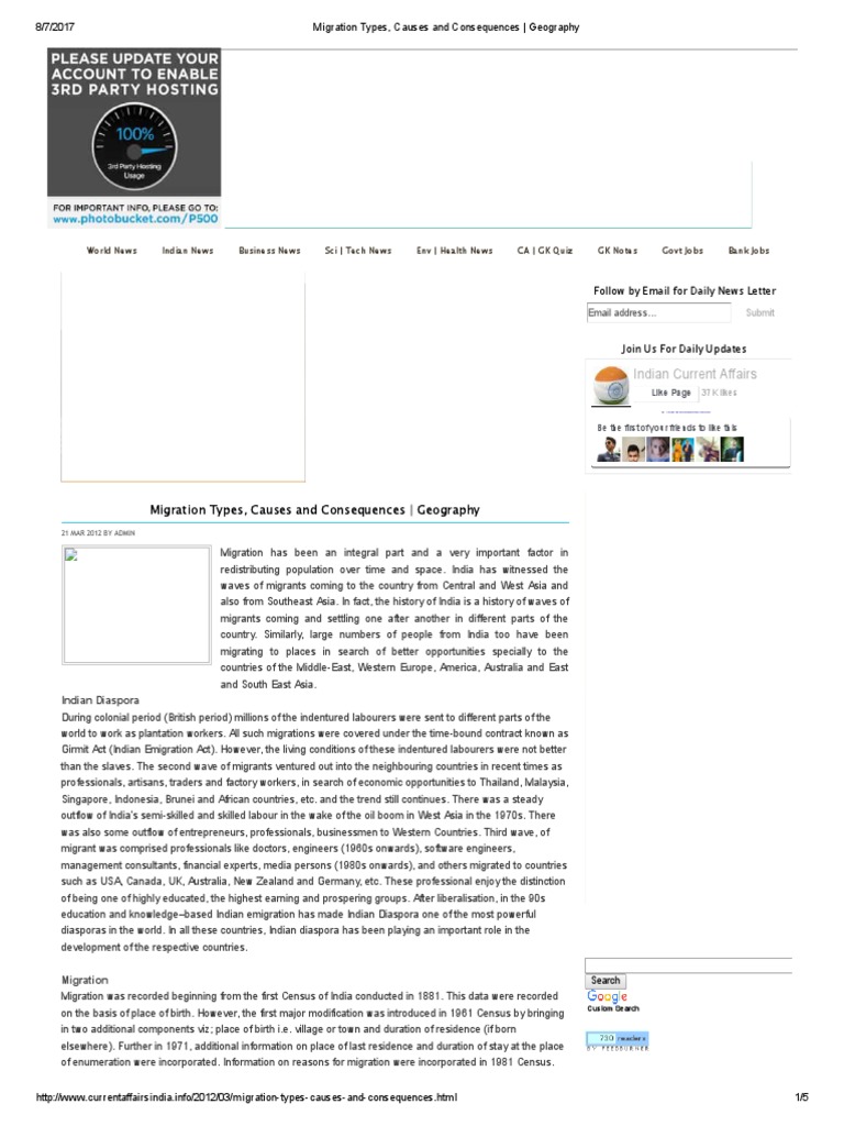 Migration Types, Causes and Consequences - Geography | PDF ...