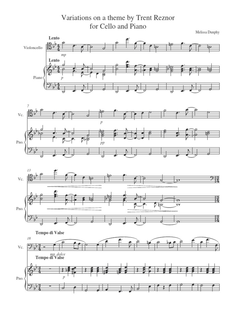 Variations On A Theme by Trent Reznor For Cello and Piano: Lento | PDF
