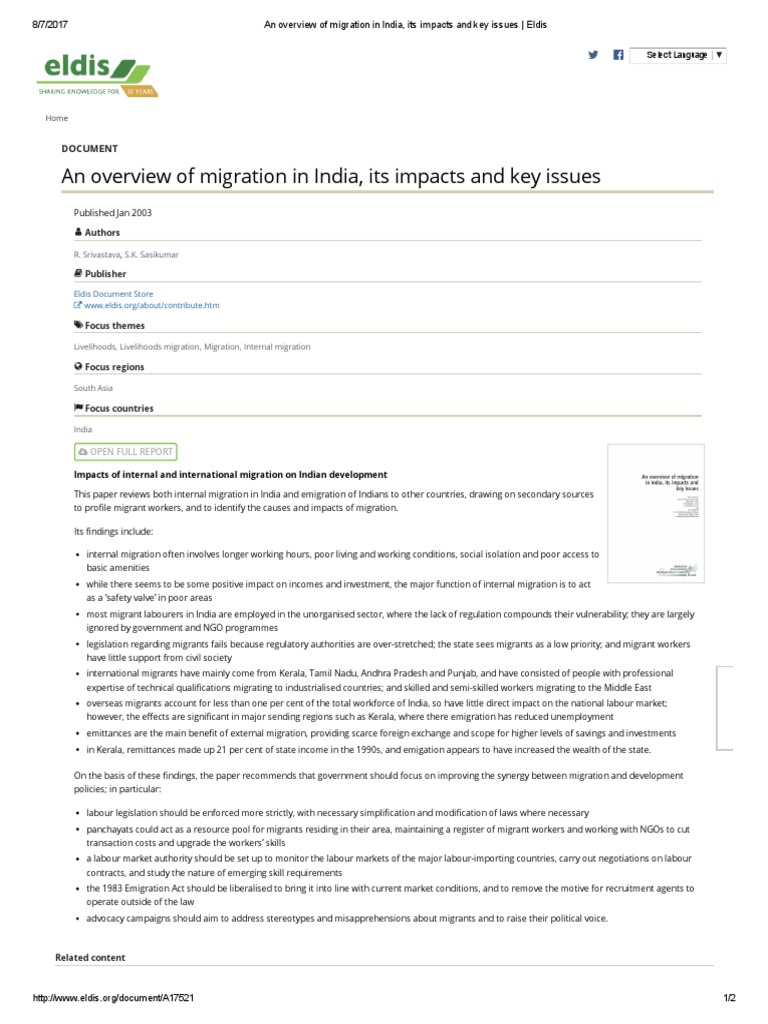 An Overview of Migration in India, Its Impacts and Key Issues - Eldis ...