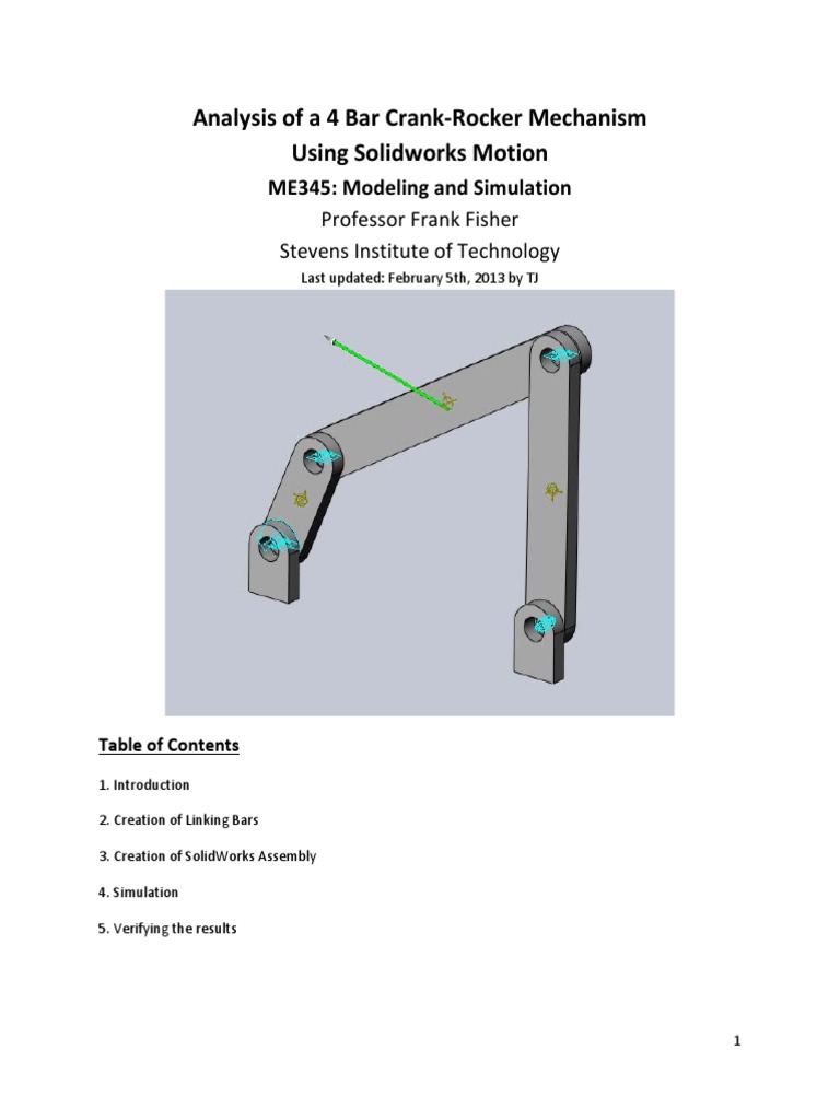 Analysis of A 4 Bar Crank - Rocker Mechanism Using Solidworks Motion | PDF