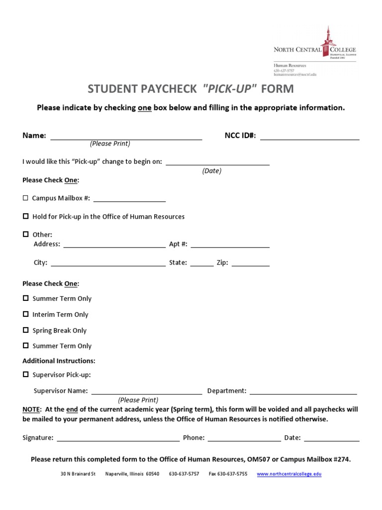 Student Paycheck Pick-Up Form, 08-2013, Fill-In | PDF