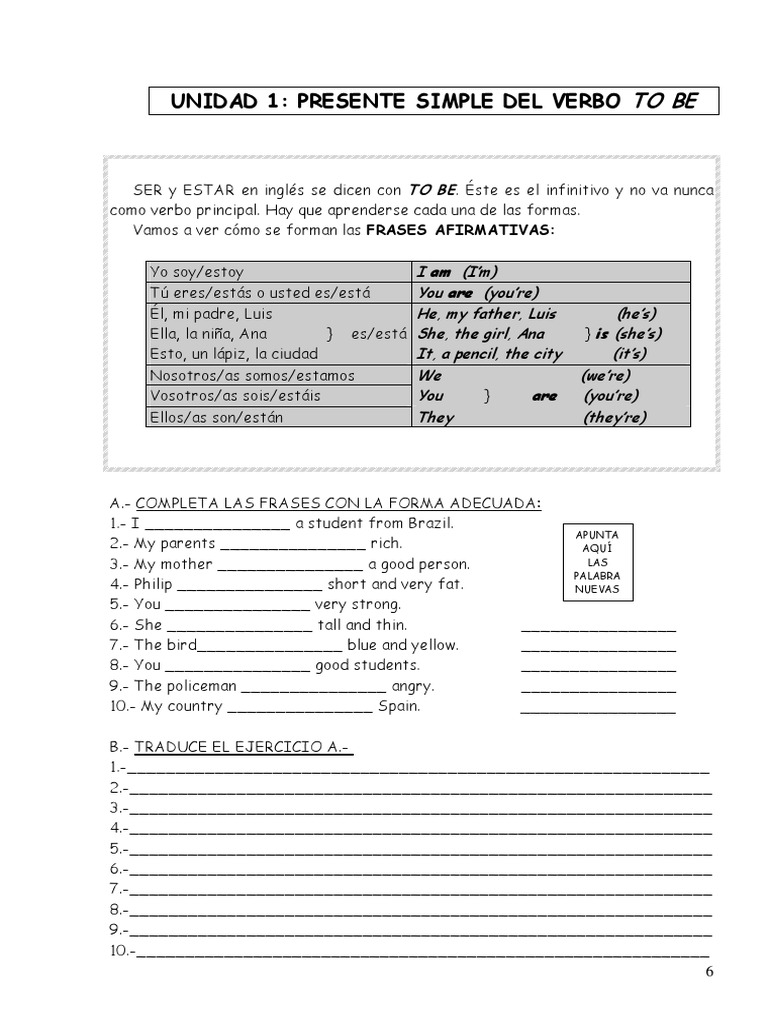 Presente Simple del Verbo To Be en Inglés | PDF
