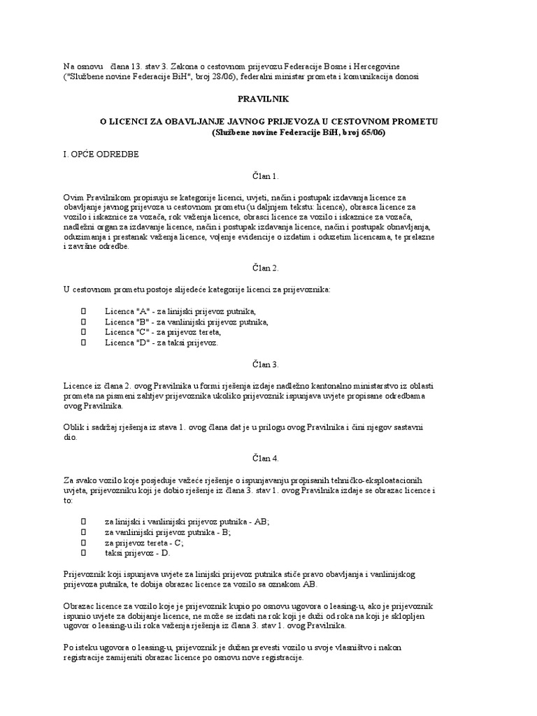 Pravilnik o Licenci Za Obavljanje Javnog Prijevoza U Cestovnom Prometu PDF | PDF