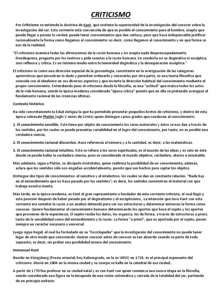 Criticismo Kantiano: Filosofía y Conocimiento | PDF | Immanuel Kant ...