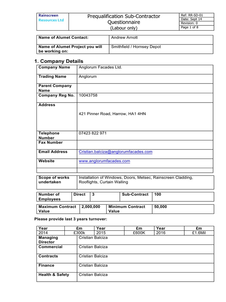 1RR-SD-01 - New Subcontractor Details & Prequalification (Rainscreen Reso... | PDF | Iso 9000 ...