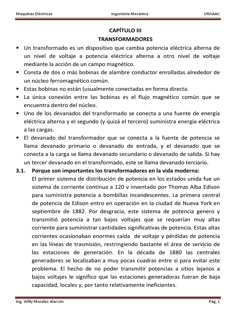 Capitulo III Transformadores Maquinas Electricas | PDF | Transformador | Inductor