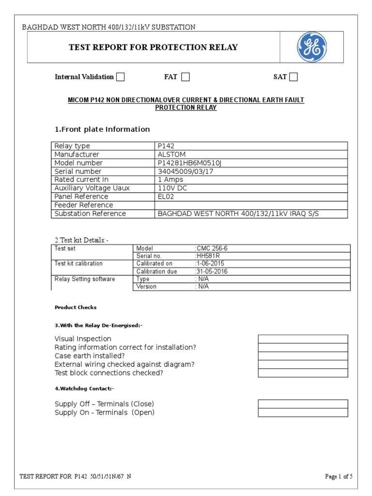 Test Report For Protection Relay: Internal Validation FAT SAT | PDF ...