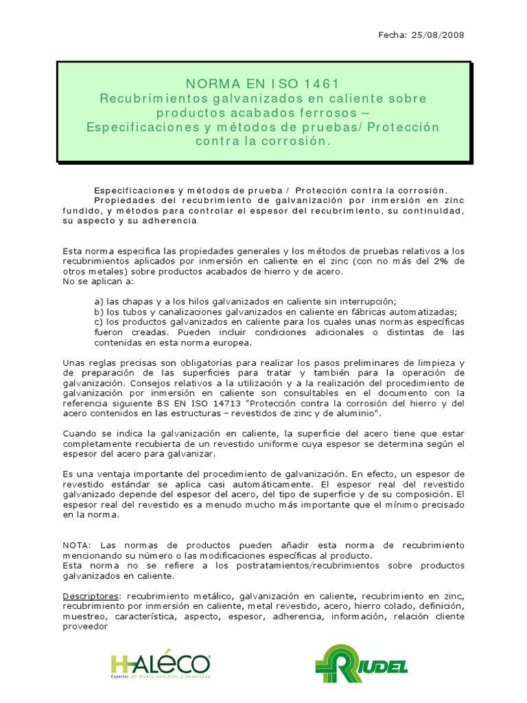 NORM - EN ISO 1461 - Es | PDF | Acero | Procesos industriales