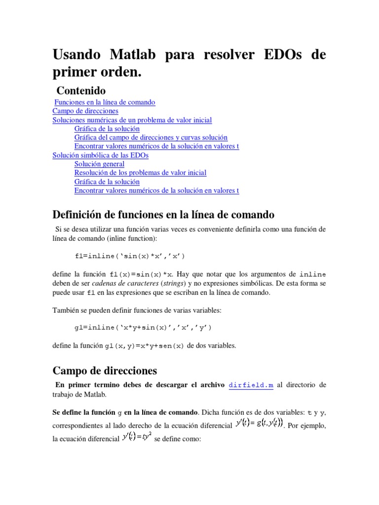 Usando Matlab para Resolver EDOs de Primer Orden | PDF | Ecuación diferencial ordinaria ...