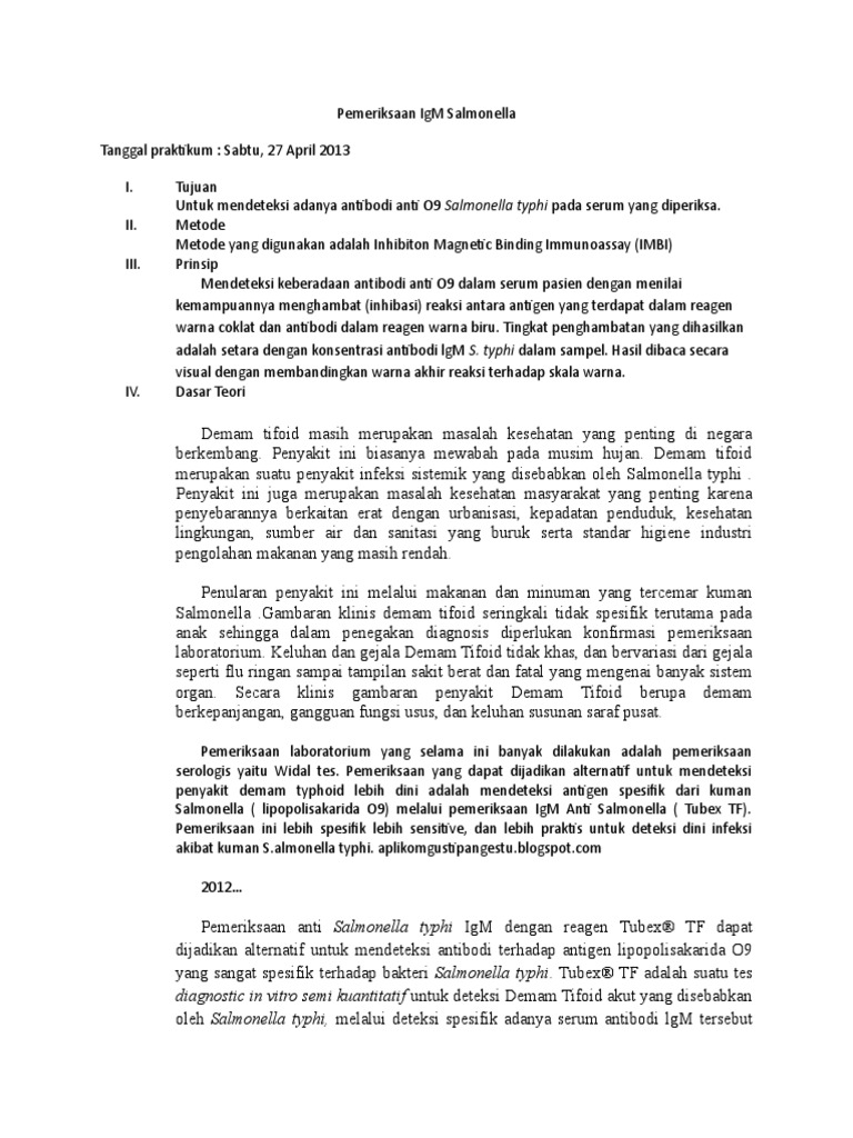 Pemeriksaan IgM Salmonella | PDF