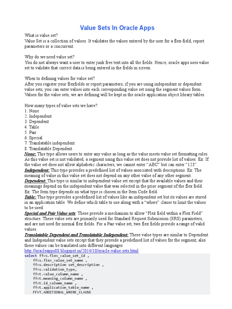 Value Sets in Oracle Apps | PDF | Data Type | Sql