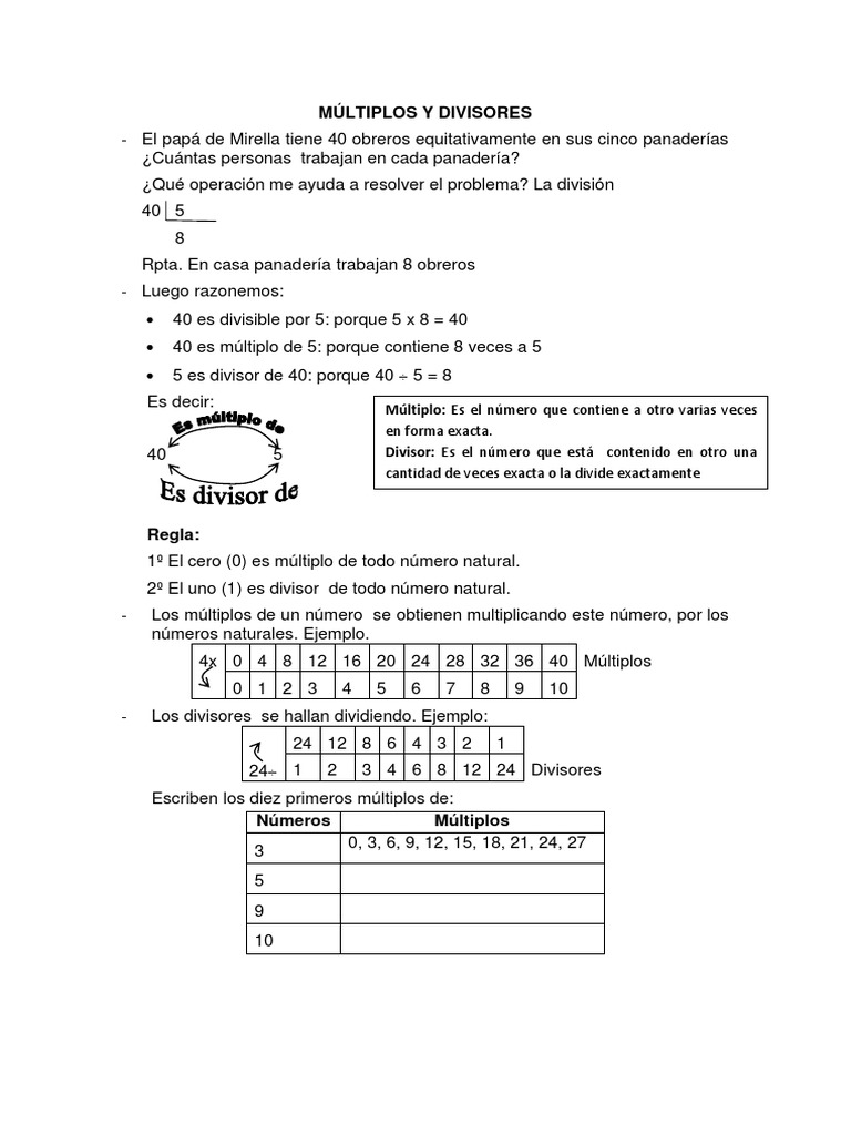 Múltiplos y Divisores | PDF | División (Matemáticas) | Matemáticas ...