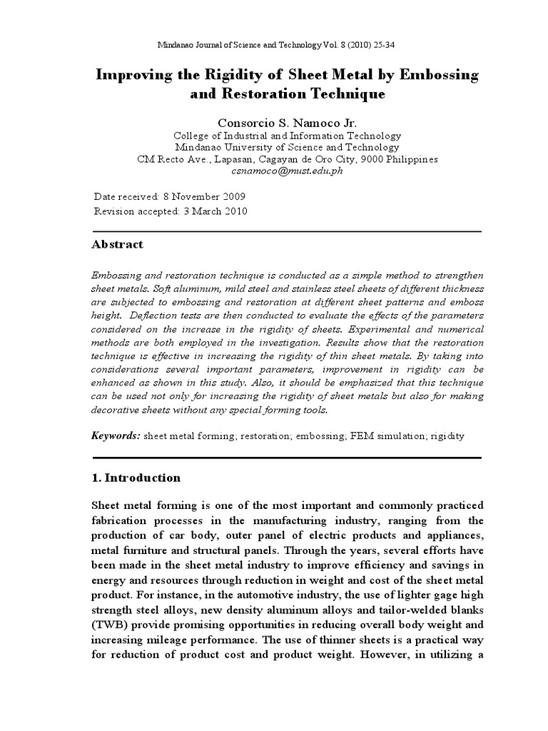 Improving The Rigidity of Sheet Metal by Embossing and PDF | PDF ...