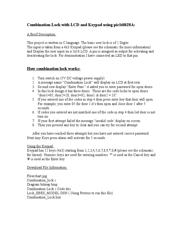 Combination Lock With LCD and Keypad Using Pic16f628a | PDF