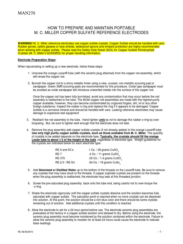 (MAN270) Copper Sulfate Reference Electrode Instructions | PDF | Copper ...