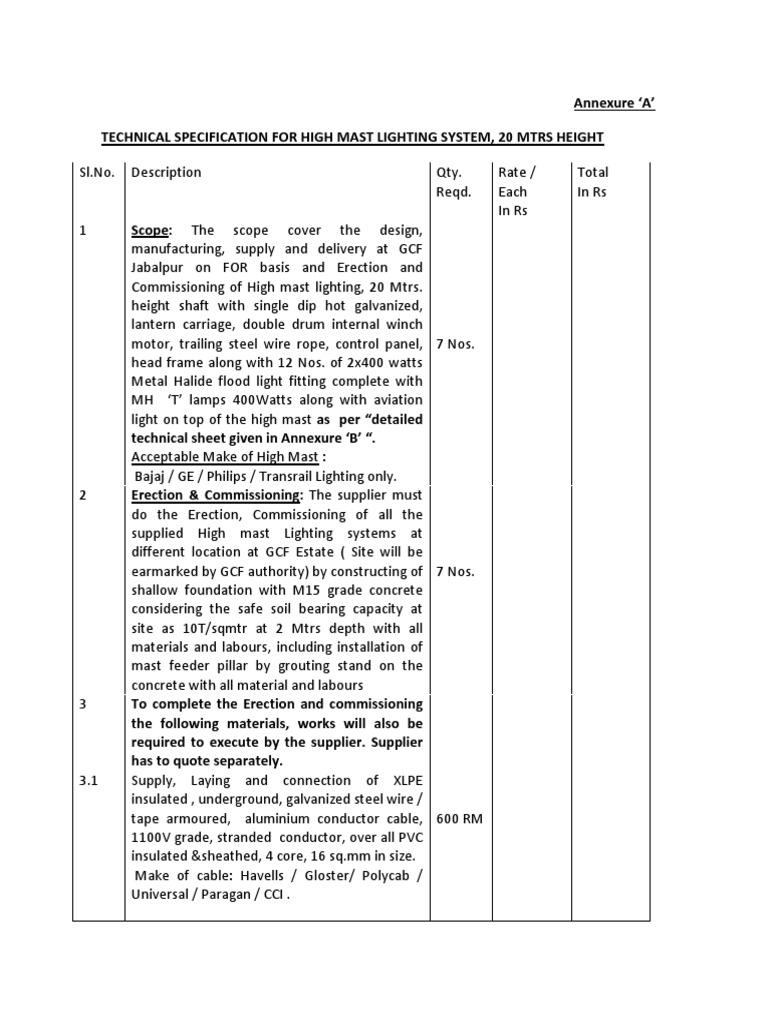 Technical Specification For High Mast Lighting System PDF | PDF | Deep ...