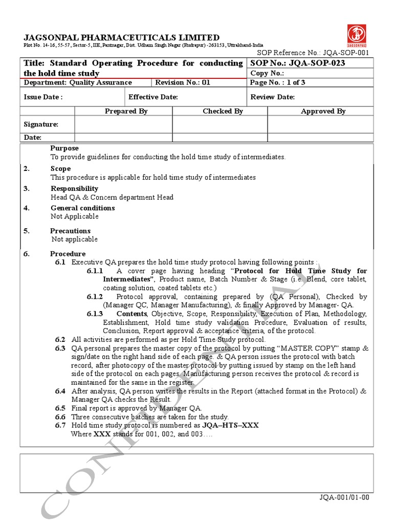 023-SOP For Conducting Hold Time Study | PDF | Quality Assurance ...