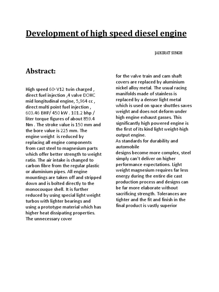 Development of High Speed Diesel Engine | PDF | Internal Combustion ...