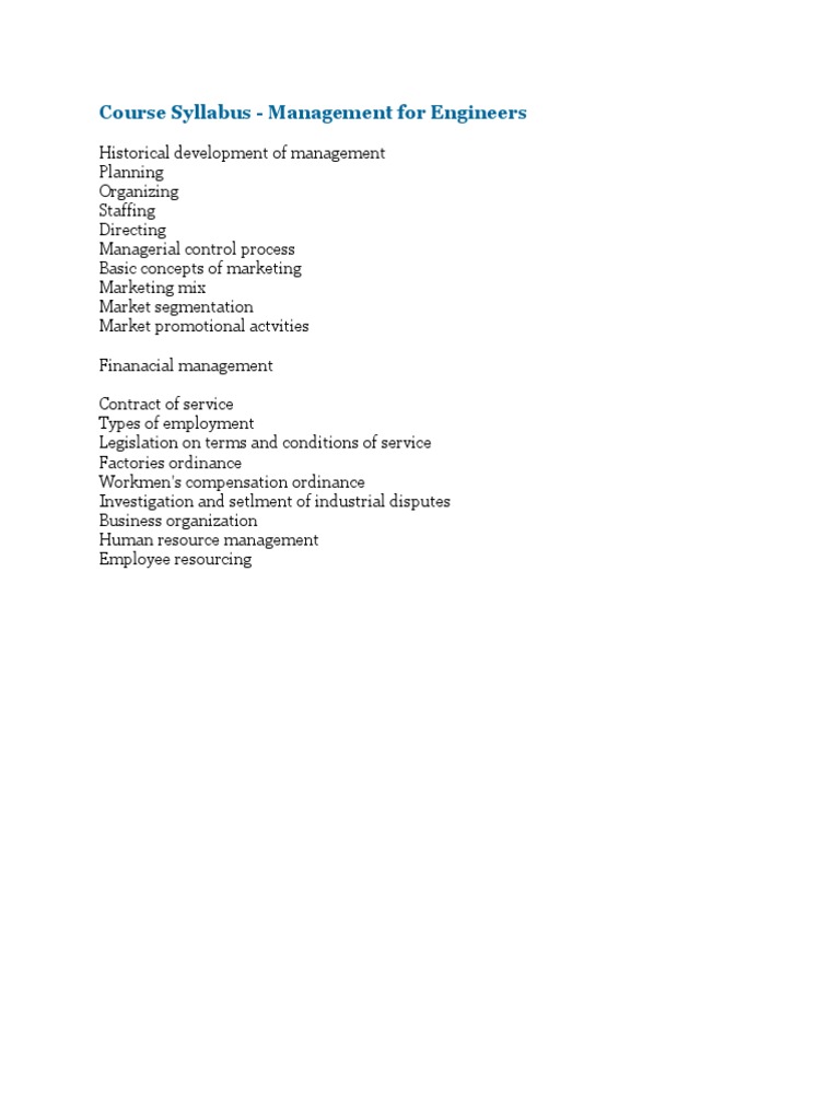 Course Syllabus - Management For Engineers | PDF