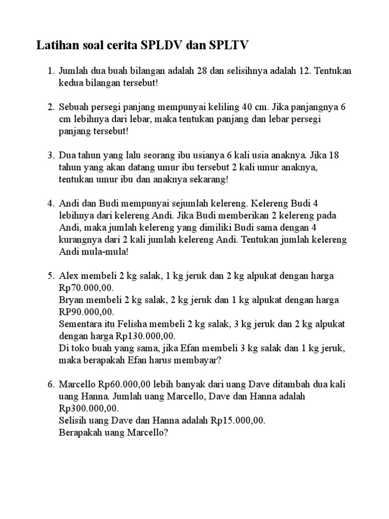 Lat Soal Cerita SPLDV SPLTV | PDF